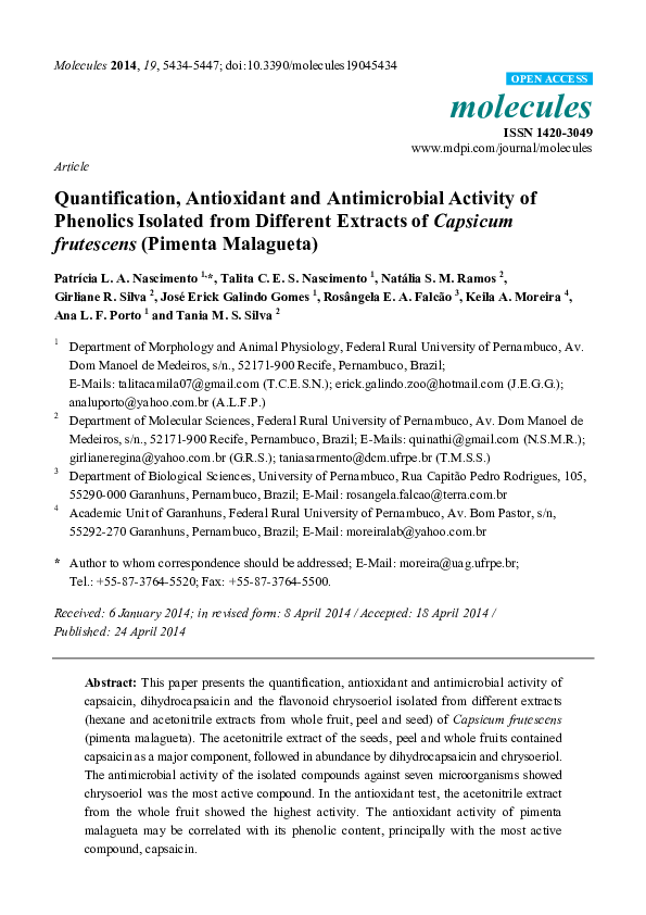 (PDF) Quantification, Antioxidant and Antimicrobial Activity of Phenolics Isolated from ...