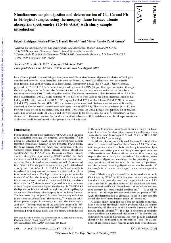 Pdf Simultaneous Sample Digestion And Determination Of Cd Cu And Pb In Biological Samples