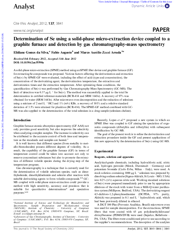 Pdf Determination Of Se Using A Solid Phase Micro Extraction Device Coupled To A Graphite