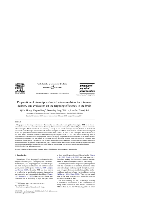 Pdf Preparation Of Nimodipine Loaded Microemulsion For Intranasal Delivery And Evaluation On
