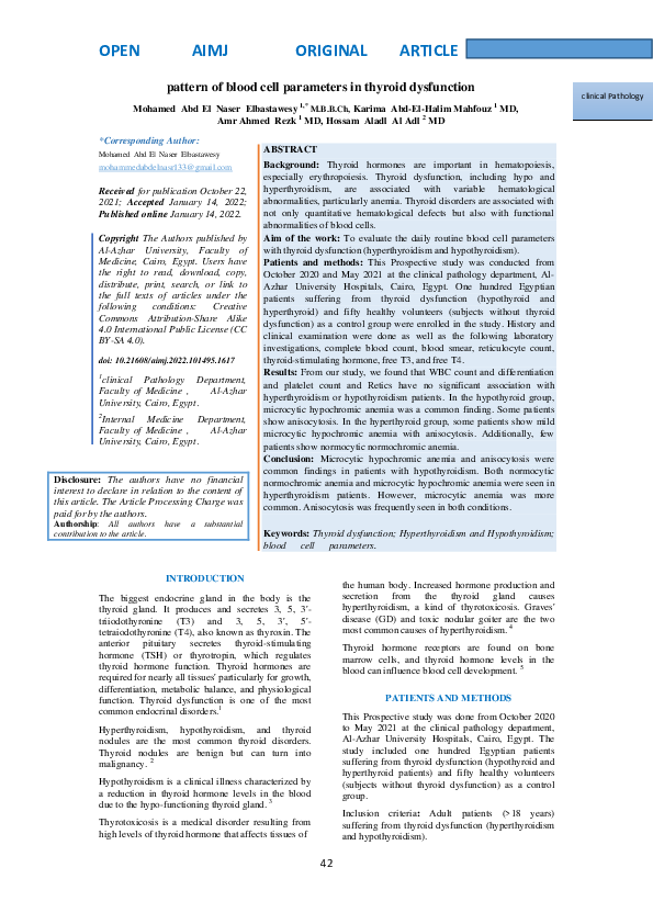 (PDF) Pattern of Blood Cell Parameters in Thyroid Dysfunction