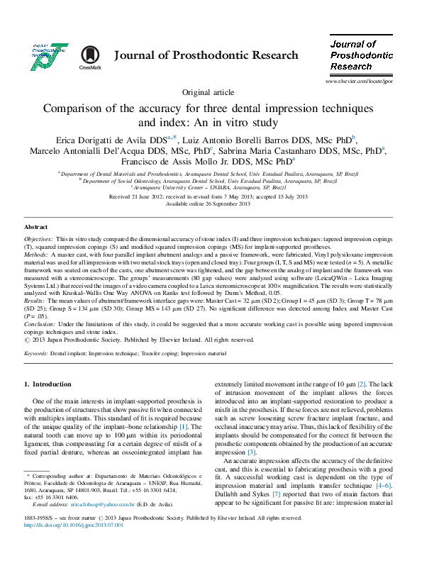 (PDF) Comparison of the accuracy for three dental impression techniques and index: An in vitro study