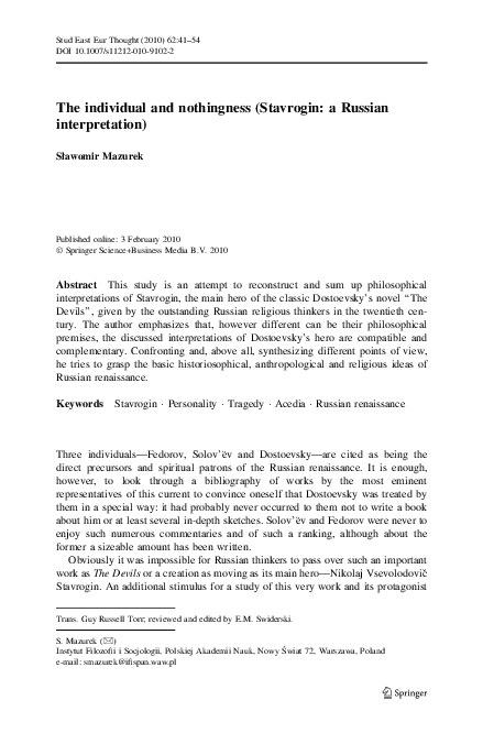 (PDF) The individual and nothingness (Stavrogin: a Russian interpretation