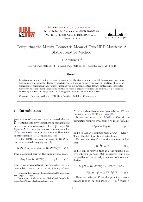 (PDF) Computing the Matrix Geometric Mean of Two HPD Matrices: A Stable ...