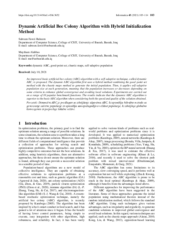 Pdf Dynamic Artificial Bee Colony Algorithm With Hybrid Initialization Method Maytham