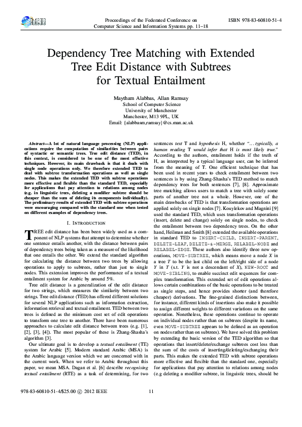 Pdf Dependency Tree Matching With Extended Tree Edit Distance With Subtrees For Textual Entailment