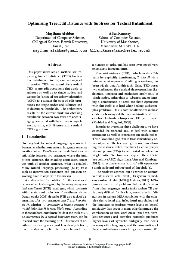 Pdf Optimising Tree Edit Distance With Subtrees For Textual Entailment 9464