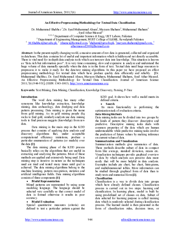 Pdf An Effective Preprocessing Methodology For Textual Data Classification