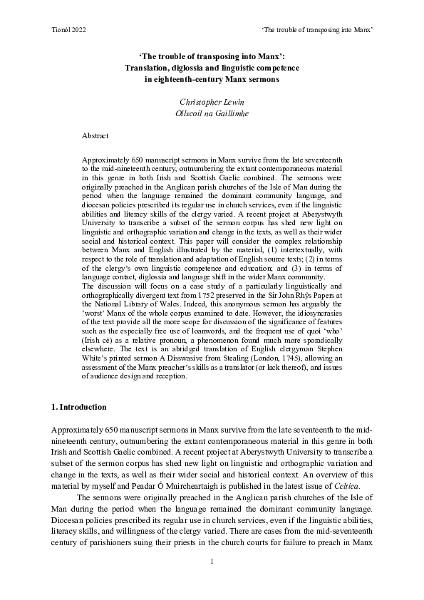 (PDF) 'The trouble of transposing into Manx': Translation, diglossia ...