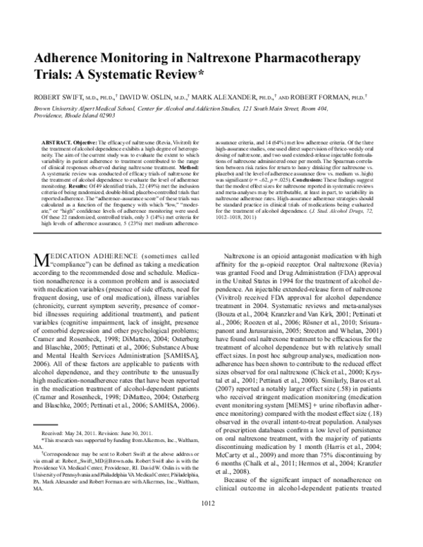 (PDF) Adherence Monitoring in Naltrexone Pharmacotherapy Trials: A Systematic Review | Mark ...