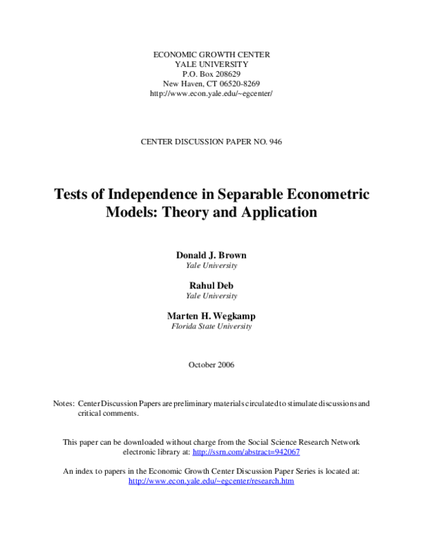 (PDF) Tests of Independence in Separable Econometric Models: Theory and ...