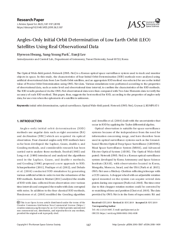 Pdf Angles Only Initial Orbit Determination Of Low Earth Orbit Leo Satellites Using Real