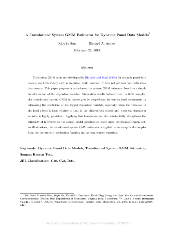 Pdf A Transformed System Gmm Estimator For Dynamic Panel Data Models Richard Ashley 