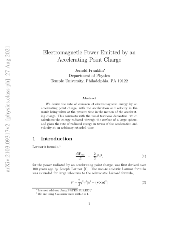 Pdf Electromagnetic Power Emitted By An Accelerating Point Charge Jerrold Franklin