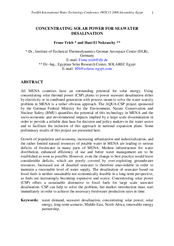 (PDF) Concentrating solar power for seawater desalination in the Middle ...