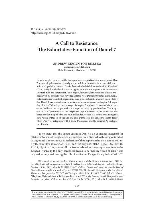 (PDF) "A Call to Resistance: The Exhortative Function of Daniel 7"