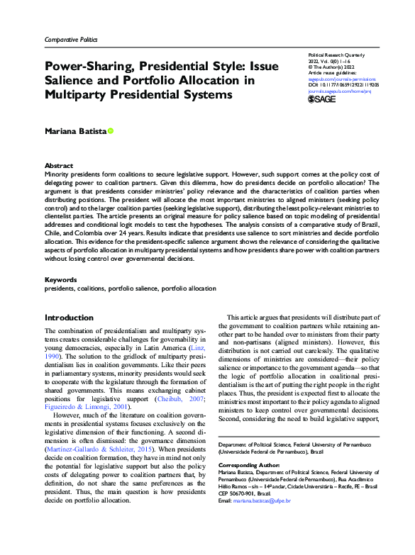 (PDF) Power-Sharing, Presidential Style: Issue Salience and Portfolio ...