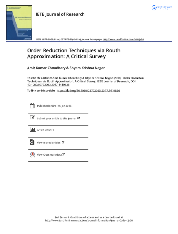 (PDF) Order Reduction Techniques via Routh Approximation: A Critical Survey