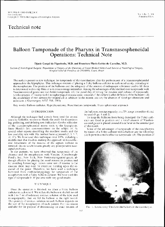 (PDF) Balloon Tamponade of the Pharynx in Transnasosphenoidal Operations