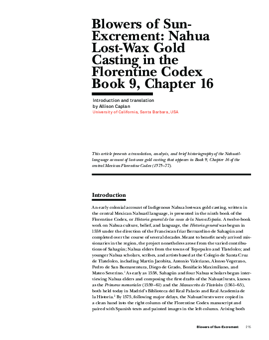 (PDF) Blowers of Sun-Excrement: Nahua Lost-Wax Gold Casting in the ...