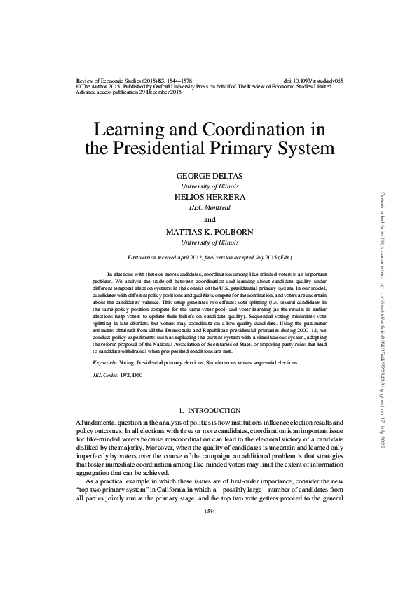 (PDF) Learning and Coordination in the Presidential Primary System