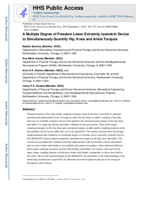 (PDF) A Multiple Degree of Freedom Lower Extremity Isometric Device to ...