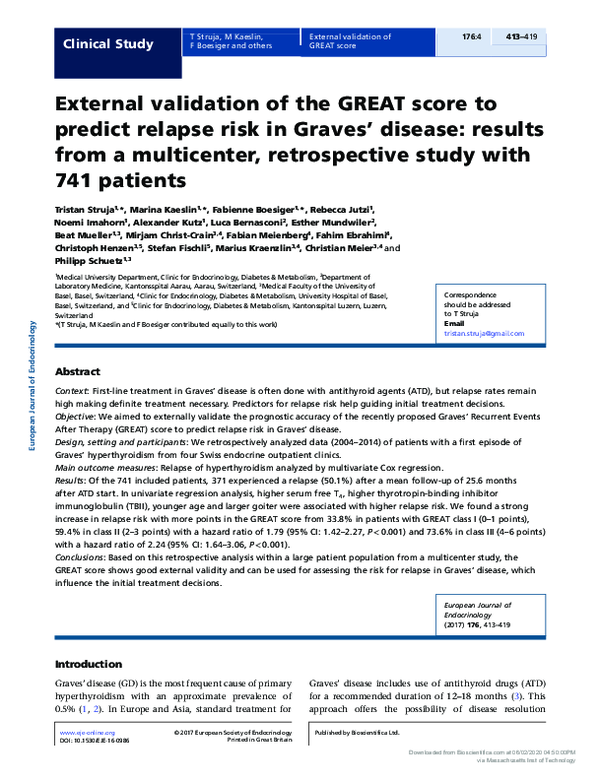 (PDF) External validation of the GREAT score to predict relapse risk in Graves' disease: results ...