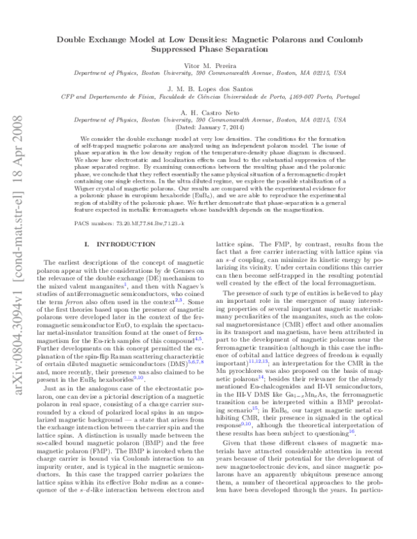 (PDF) Double Exchange Model at Low Densities: Magnetic Polarons and ...