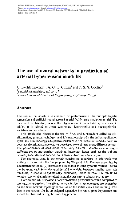 (PDF) The use of neural networks in prediction of arterial hypertension in adults