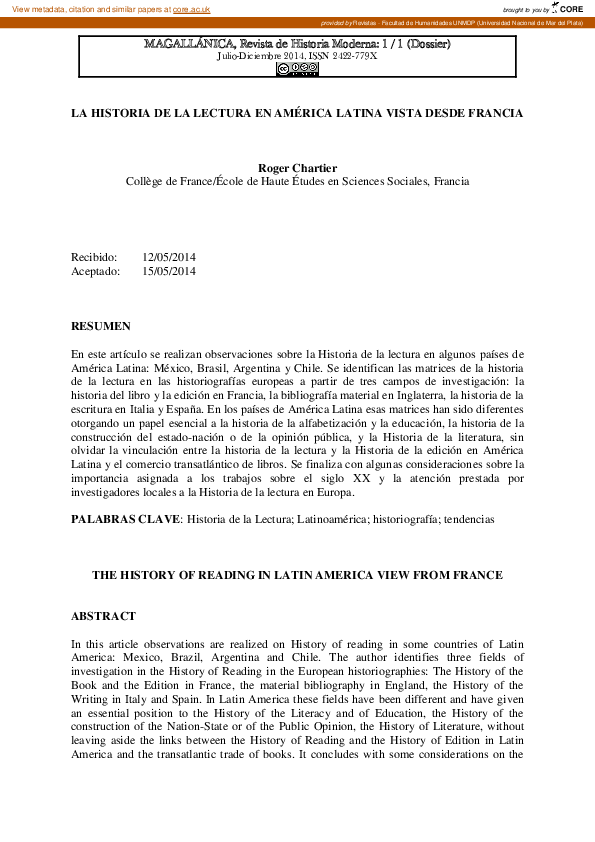 (PDF) La Historia de la Lectura en América Latina vista desde Francia