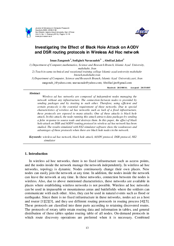 (PDF) Investigating the Effect of Black Hole Attack on AODV and DSR routing protocols in ...