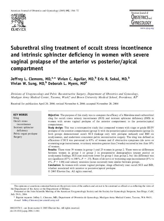 (PDF) Suburethral sling treatment of occult stress incontinence and ...