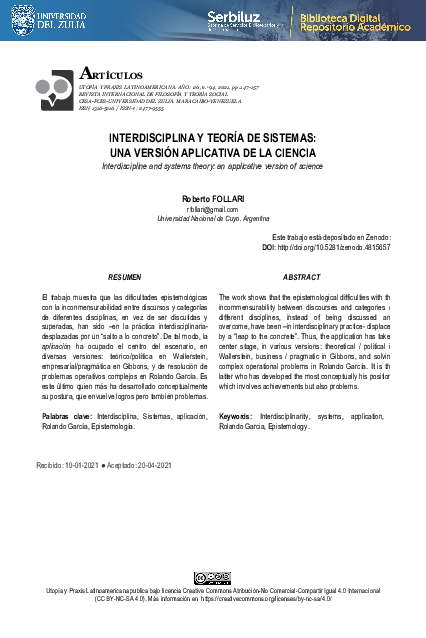 (PDF) Interdisciplina y Teoría De Sistemas: Una Versión Aplicativa De La Ciencia