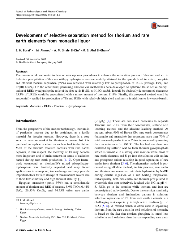 (PDF) Development of selective separation method for thorium and rare ...