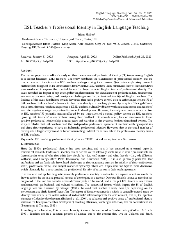 (PDF) ESL Teacher's Professional Identity in English Language Teaching