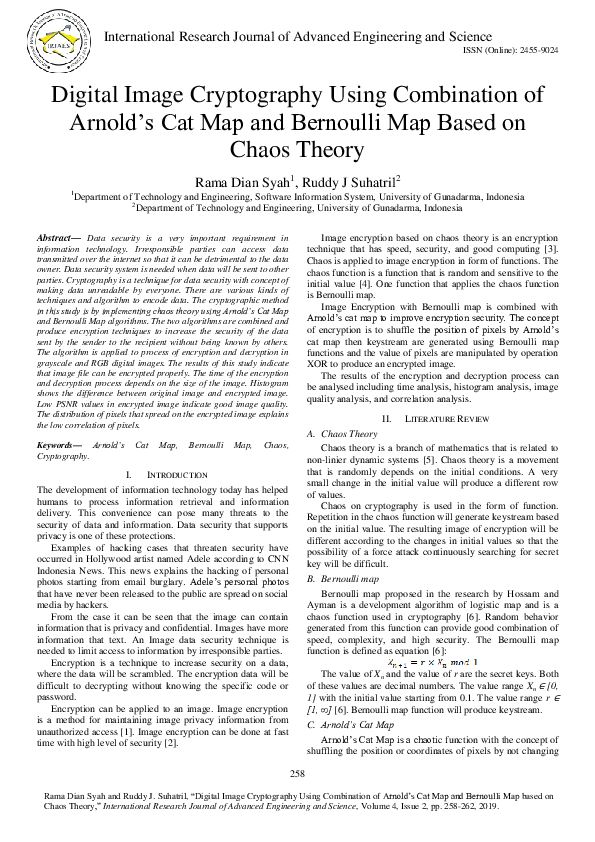 (PDF) Digital Image Cryptography Using Combination of Arnold's Cat Map and Bernoulli Map Based ...