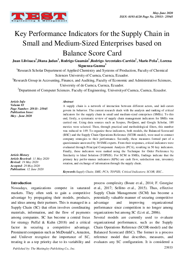 (PDF) Key Performance Indicators for the Supply Chain in Small and ...