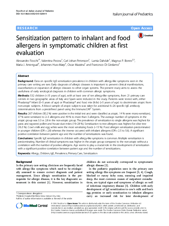 (PDF) Sensitization pattern to inhalant and food allergens in ...