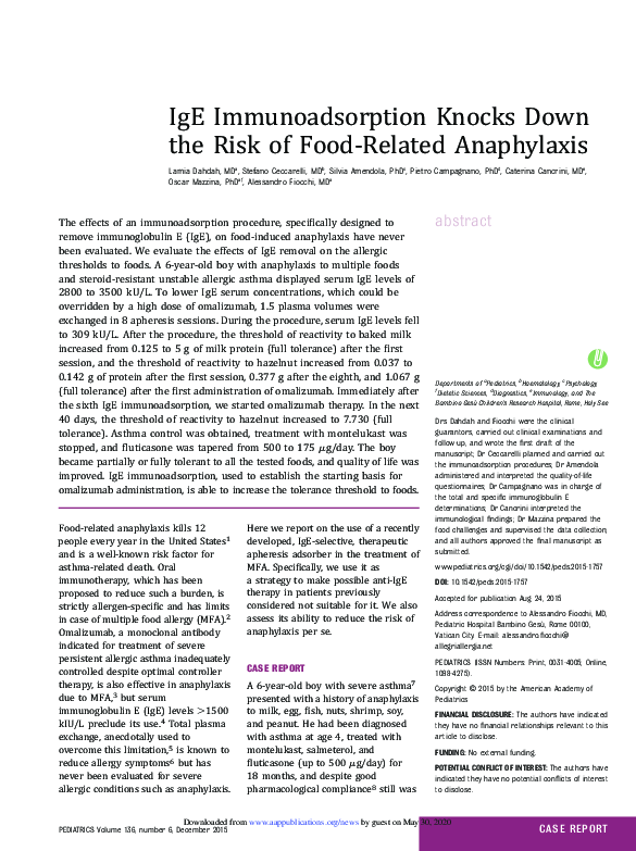(PDF) IgE Immunoadsorption Knocks Down the Risk of Food-Related Anaphylaxis