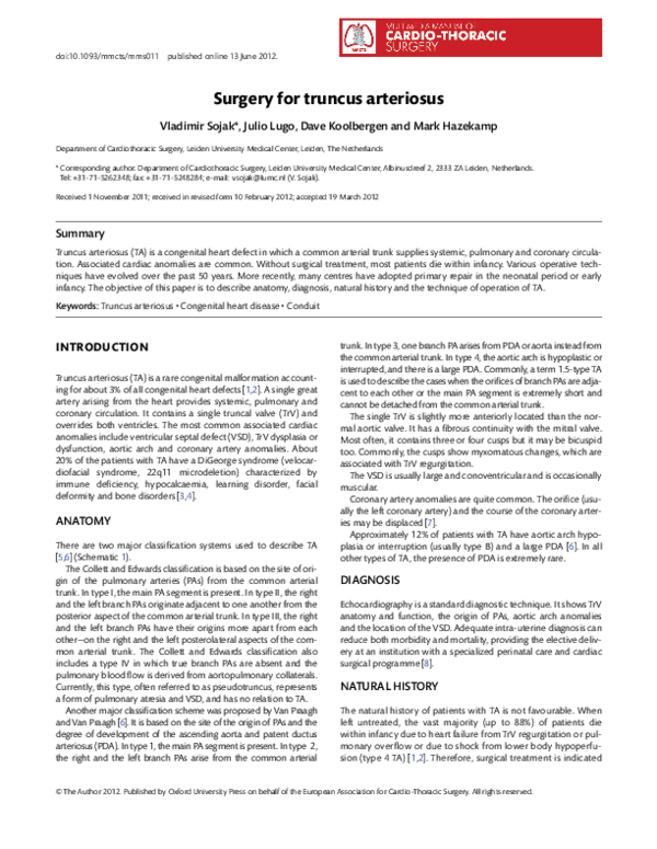 (PDF) Surgery for truncus arteriosus