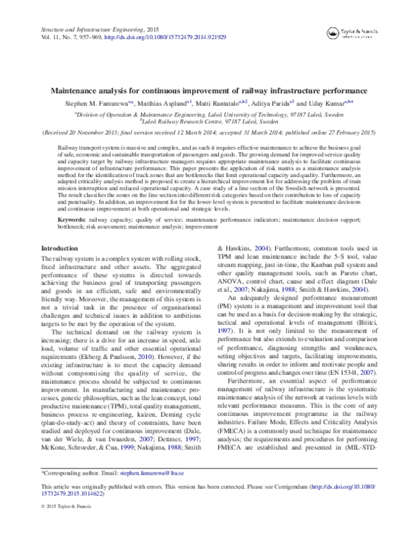 (PDF) Maintenance analysis for continuous improvement of railway ...