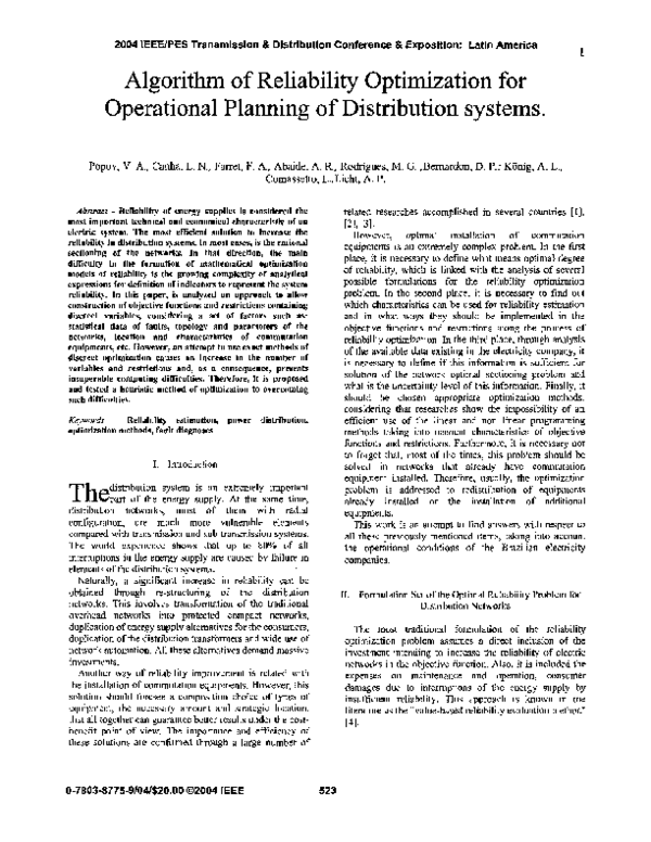 (PDF) Algorithm of reliability optimization for operational planning of distribution systems