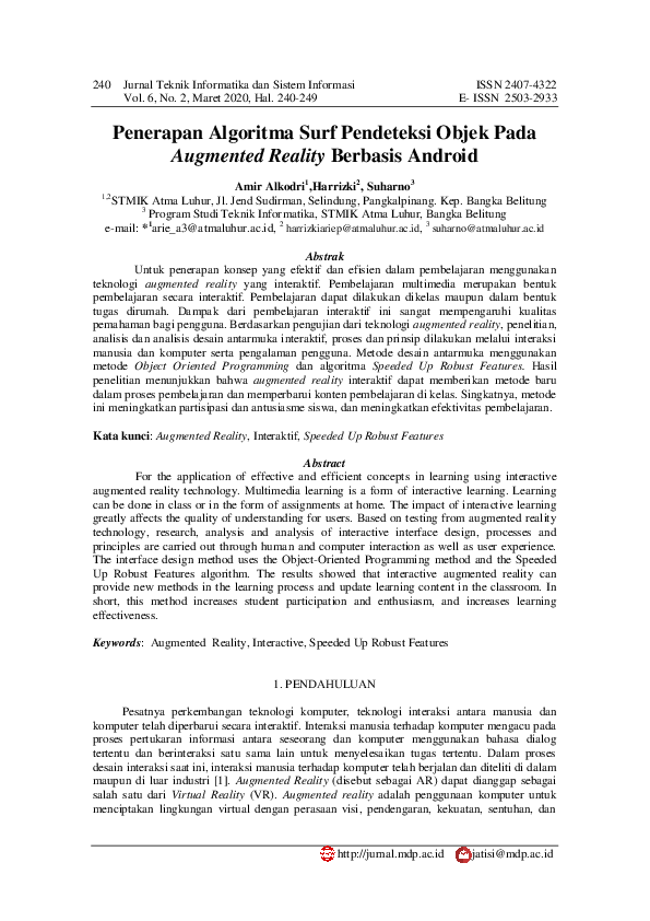 Pdf Penerapan Algoritma Surf Pendeteksi Objek Pada Augmented Reality Berbasis Android