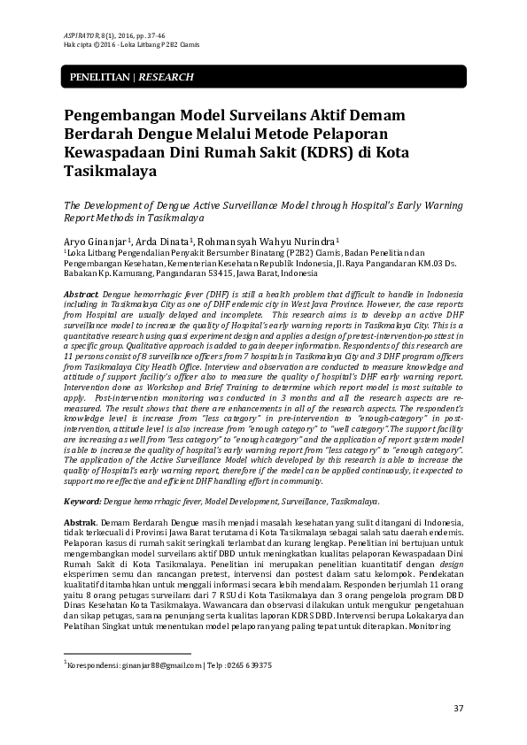(PDF) Pengembangan Model Surveilans Aktif Demam Berdarah Dengue Melalui Metode Pelaporan ...