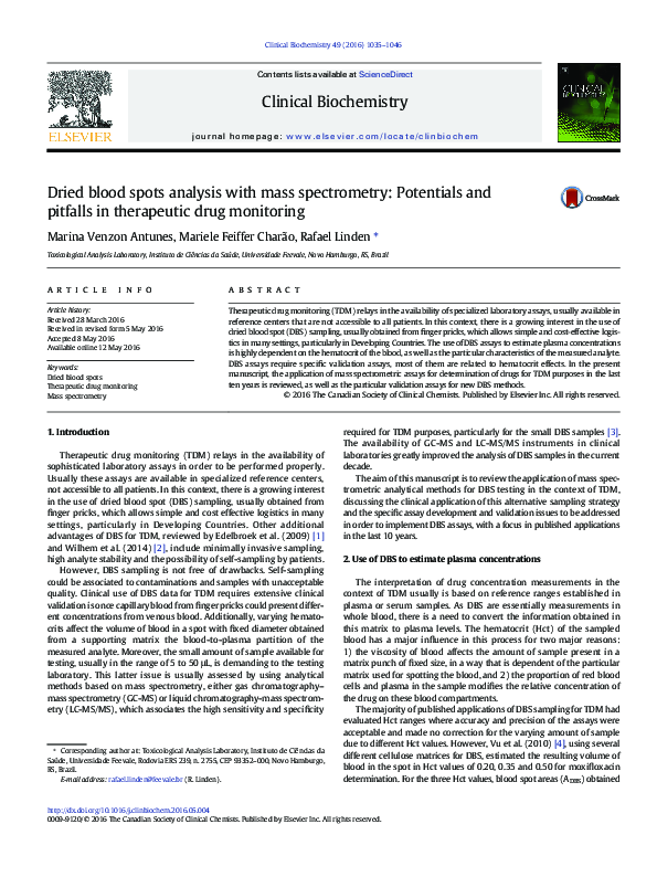 (PDF) Dried blood spots analysis with mass spectrometry: Potentials and ...