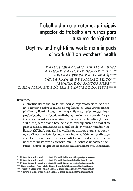 (PDF) Trabalho Diurno e Noturno: Principais Impactos do Trabalho em Turnos para a Saúde de ...