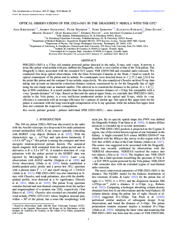 (PDF) Optical Observations of PSR J2021+3651 in the Dragonfly Nebula ...
