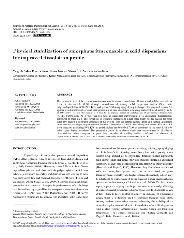 (PDF) Physical stabilization of amorphous itraconazole in solid ...