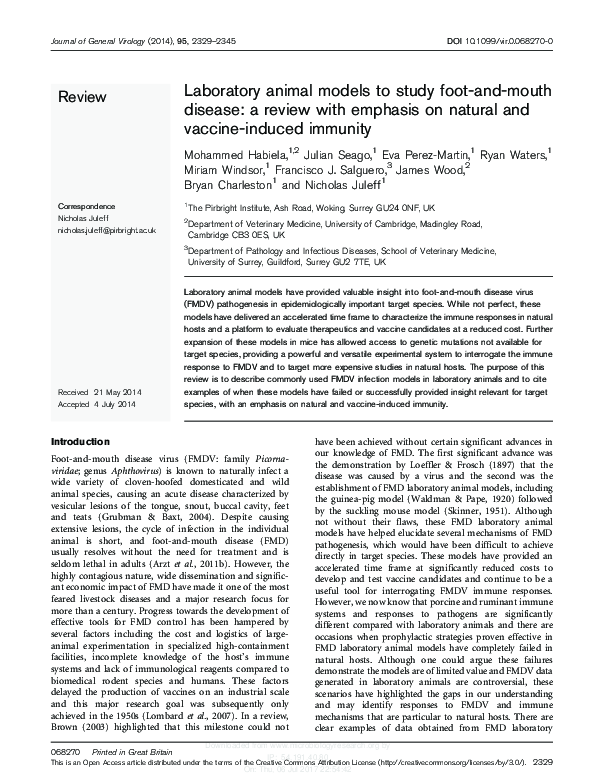(PDF) Laboratory animal models to study foot-and-mouth disease: a ...