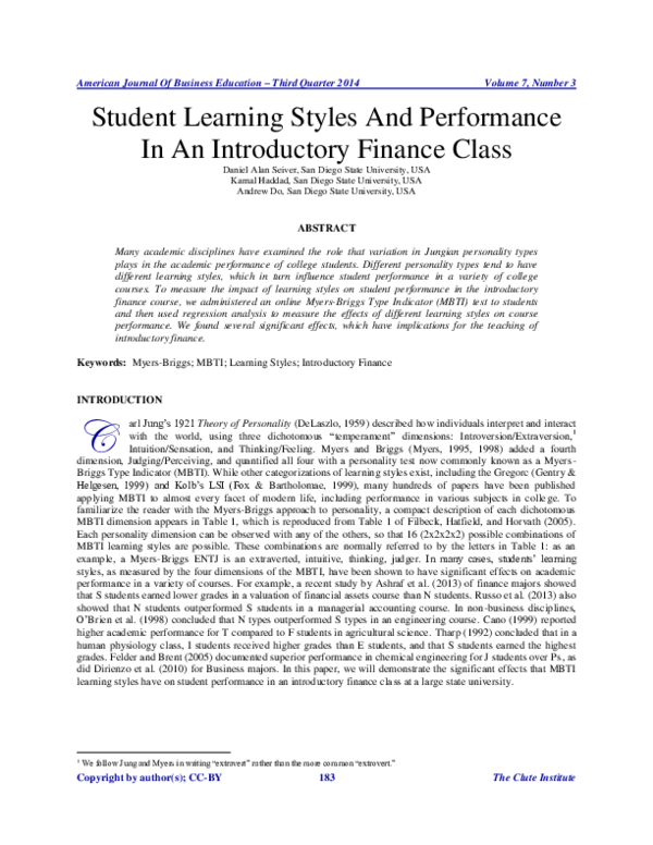(PDF) Student Learning Styles And Performance In An Introductory Finance Class